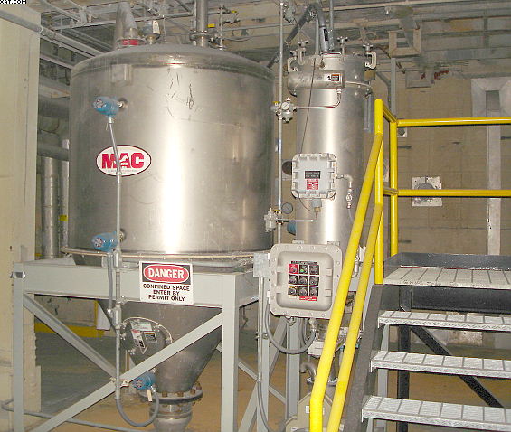 MAC Work Resin / Day Bin Tanks, ~5x5' x10'H overall.